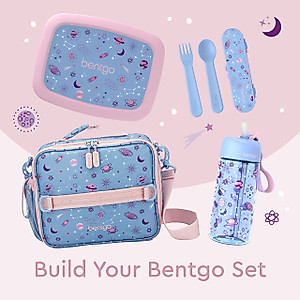 Bentgo® Kids Prints 5-Compartment Bento-Style Kids Lunch Box Set with Reusable Plastic Utensils (Lavender Galaxy)