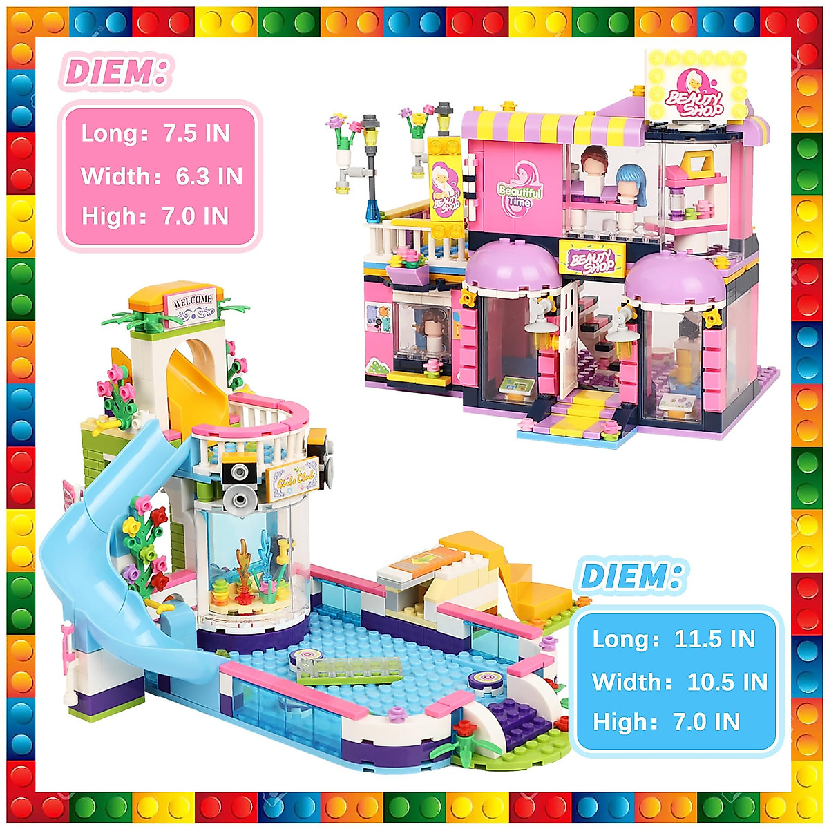 1373 Pieces Summer Pool Party Time, Hair Salon Toys Building Blocks Set Includes Juice Bar, Cars Building Play Kit,Storage Box, Learning and Roleplay Gift for Boys Girls 6-12
