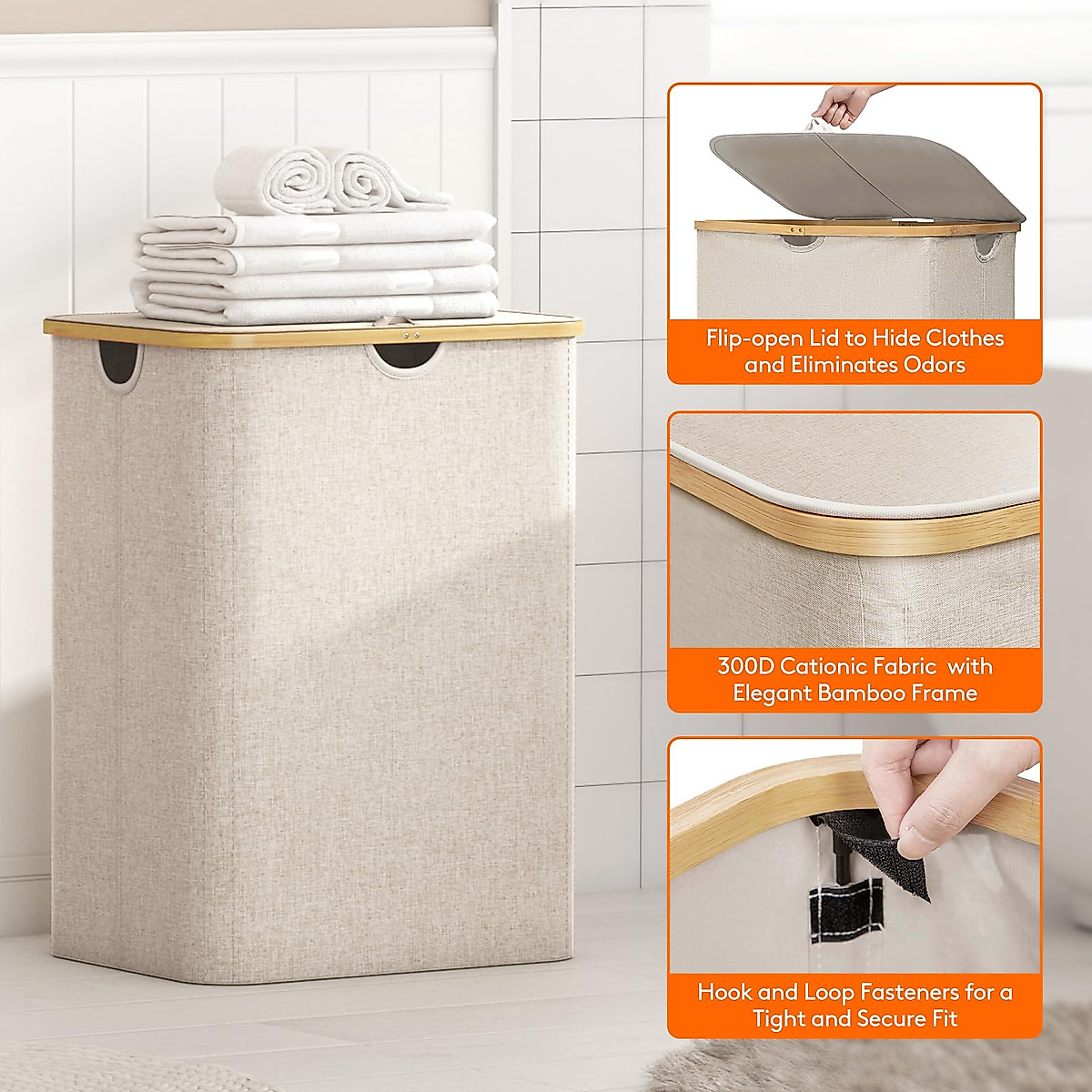 Lifewit 150L Laundry Basket with Lid 3 Section, Large Laundry Hamper with Bamboo Handles and Removable Laundry Bags, Clothes Hampers for Laundry for Bedroom, Bathroom, Dorm, Laundry Room, Beige