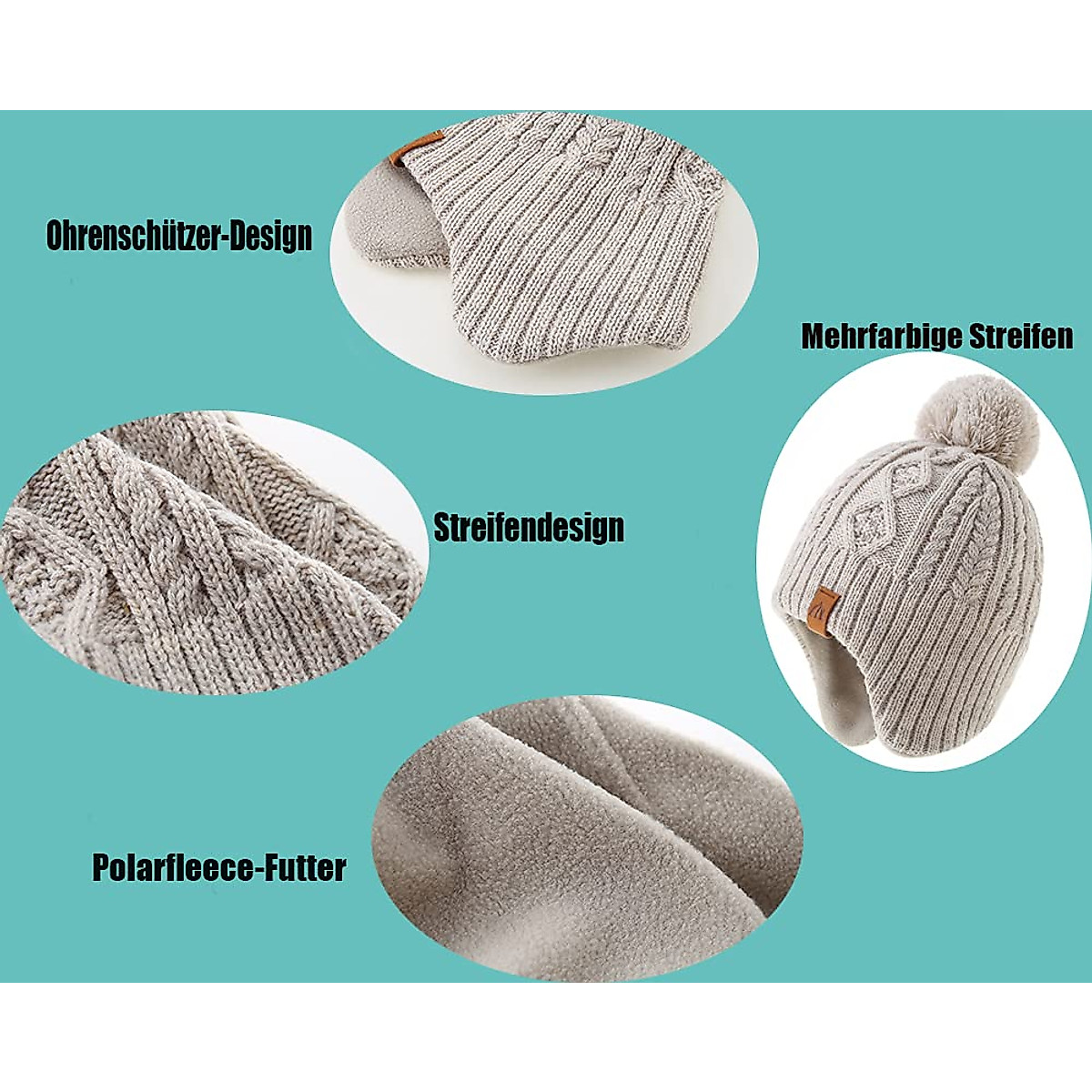 LMLALML Boys Winter Hat Earflap Knitted Beanie for Kids Warm Fleece Lined Thicken Hat for Baby Beige