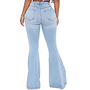 CutieLove Women's Ripped Jeans Bell Bottom Flare Jeans Mid Rise Destroyed Hem Denim Pants A-Light Blue