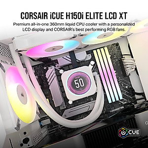 Corsair iCUE H150i Elite LCD XT Liquid CPU Cooler - IPS LCD Screen - Three AF120 RGB Elite Fans-360mm Radiator - Fits Intel® LGA 1700, AMD® AM5, & More - Included iCUE Commander CORE -White, 12 Volts