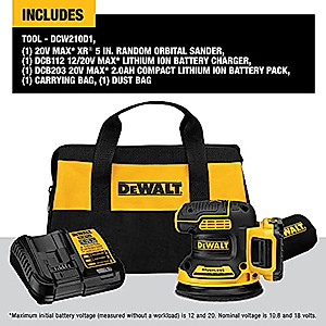 DEWALT 20V MAX Orbital Sander Kit, 5 Inch, Cordless, 12000 OPM, Battery and Charger Included (DCW210D1)