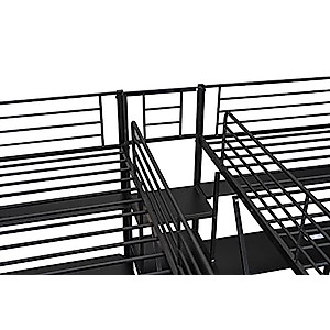 Multi-Function 4-in-1 Design Quad Bunk Bed with Storage Staircase, Double Twin Over Twin Metal Bunk Bed with Desk and Shelves, Heavy Duty Metal Bunk Bed Frame for Kids Teens, Maximize Space (Black-4)