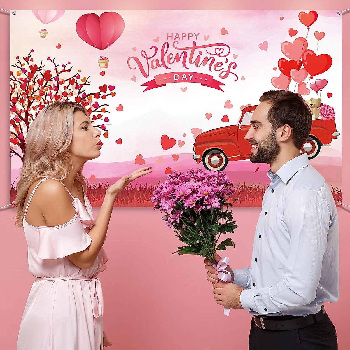 Valentine's Day Backdrop Valentine Backdrop Background for Photography Happy Valentine's Day Backdrop Banner Photo Booth Props Red Heart Backdrop for Mother's Valentine's Day Decoration (Truck)