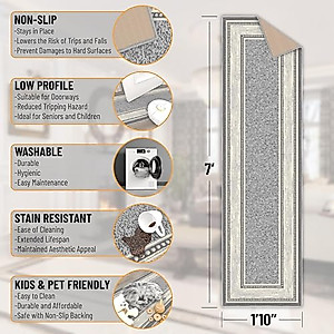 Ottomanson Machine Washable Bordered Design Non-Slip Rubberback 2x7 Traditional Runner Rug for Hallway, Kitchen, Bedroom, Living Room, 1'10" x 7', Light Gray