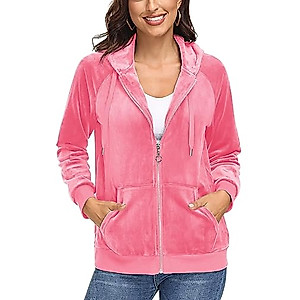 MAGCOMSEN Women's Velvet Hoodie with Side Pockets Velour Long Sleeve Outerwear Velour Fleece Jacket Fluorescent Pink L