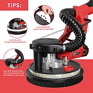 YATTICH Drywall Sander, 750W Electric Sander with 12 Pcs Sanding discs, 7 Variable Speed 800-1750 RPM Wall Sander with Extendable Handle, LED Light, Long Dust Hose, Storage Bag, YT-916