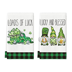 Artoid Mode Buffalo Plaid Lucky Clover Shamrock Truck Gnomes Kitchen Dish Towels, 18 x 26 Inch Seasonal St. Patrick's Day Ultra Absorbent Drying Cloth Tea Towels for Cooking Baking Set of 2