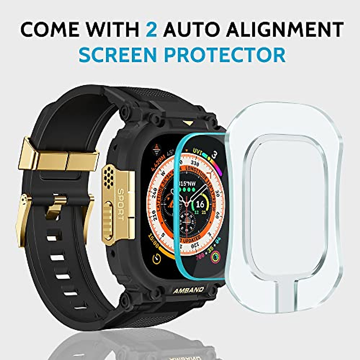 amBand Bands Case Screen Protector Compatible with Apple Watch Ultra 49mm, M1 Sport Series Rugged Cover Strap and 2 Pack Tempered Glass Film, Military Protective Bumper for iWatch 49 mm Men Black Gold