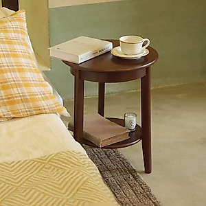 MaxSmeo Round End Table, Small Side Table for Small Spaces, 2-Tier End Table Wooden Side Table, Mid Century Modern Coffee Table,Easy Assembly, Brown, Two-shelves