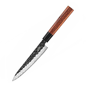 SHIRKHAN Utility Knife 6 Inch - Professional Japanese Petty Kitchen Knife - High Carbon Hand Hammered Clad Steel Blade 10Cr15CoMoV Cutting Core - Octagon Redwood Handle - Gift Box