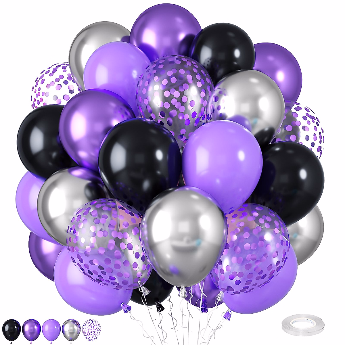 50Pcs Purple and Black Balloons, 12inch Purple Metallic Silver Black Balloons Purple Confetti Balloons with Ribbons for Halloween Decorations Birthday Party Anniversary Graduation Decoration