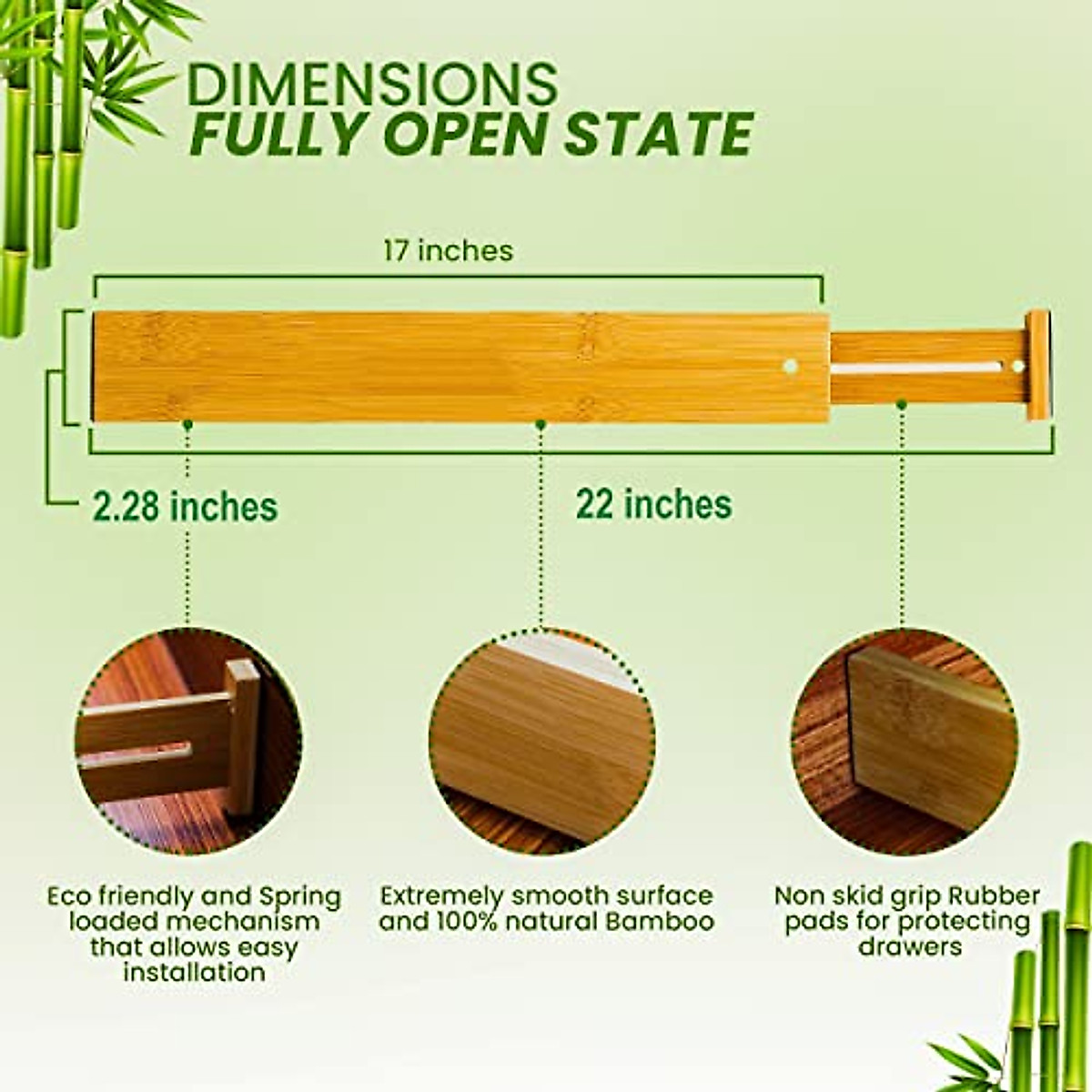 Expandable Bamboo Drawer Dividers 8 pack(17.5"-22")Drawer Organizer for Kitchen Organization,Clothes,Utensils,Silverware,Dressers,Office,Desk,Bathroom,Bedroom,Spring Loaded Adjustable Deep Separators