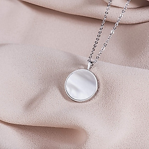 S.Leaf Minimalism Round Mother of Pearl Necklace Sterling Silver Circle Disc Pendant Shell Pendant (silver)