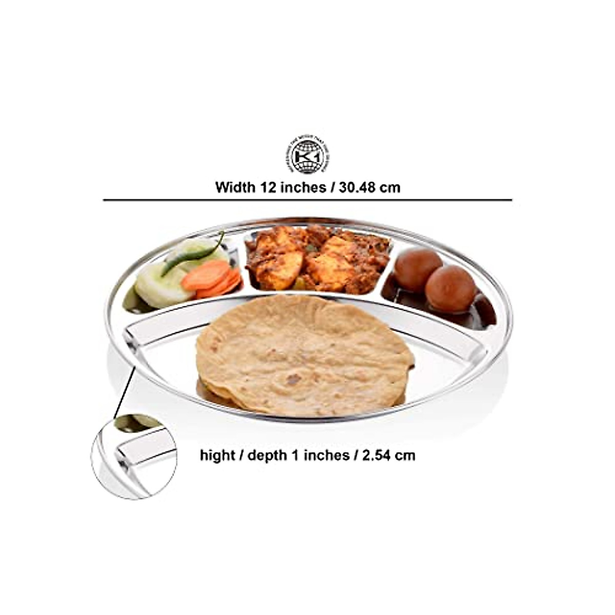 King International Stainless Steel Plates, Divided Indian Dinner Plate,Four Section Round Plates Set Of 4, 12'', Section Control Plate, Kids Plate, Indian Thali Plate