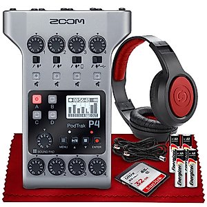 Zoom PodTrak ZP4 Podcast Recorder Audio Interface has 4 Mic Inputs, 4 Headphone Outputs plus a Basic Accessories Bundle Including a Samson SR360 Headphones a Memory Card and more