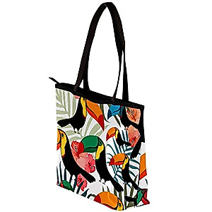 Women's Large Size Canvas Shoulder Bag Hobo Crossbody Handbag Casual Tote, Tropical Animal Parrot Hawaiian Flower