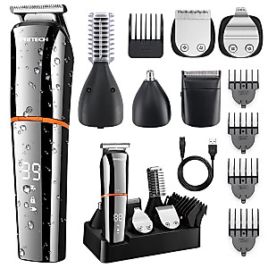 PRITECH Beard Trimmer,6 in 1 Kit Electric Hair Clipper,Cordless Nose Trimmer Mens Grooming Trimmer for Beard Head Face and Body Waterproof IPX6 USB Rechargeable LED Power Display
