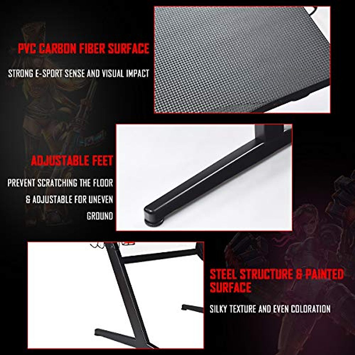 Tangkula Gaming Desk, Z Shaped Ergonomic Gaming Computer Desk, E-Sports Game Desk with Cup & Headphone Holder and Mouse Pad, Gamer Workstation, Carbon Fiber Surface and Z-Shape Steel Frame (Black)