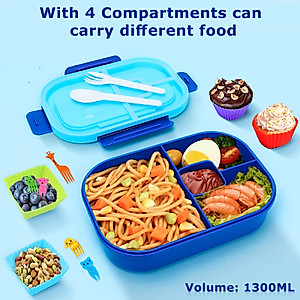 Lunch Box Kids, Bento Lunch Box for Kids Adult, Lunch Box Containers for Girls Boys Teen, 1300ML 4 Compartment Bento Box w/ Food Picks Cake Cups, Microwave/Dishwasher/Freezer Safe, BPA Free, Blue