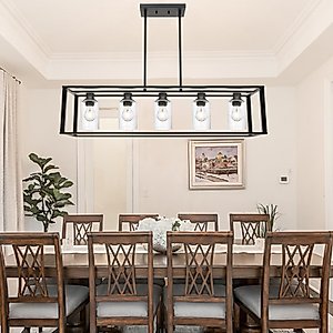 Wanluce Rectangular Chandelier for Dining Room 5 Light Matte Black Lights Fixtures with Glass Shade Farmhouse Linear Industrial Modern Hanging Lighting