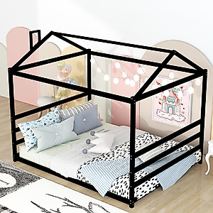 Bellemave Queen Size Metal Floor Bed for Kids,Montessori Floor Bed with Roof,House Bed for Boys Girls,Metal House Shape Platform Bed,Black
