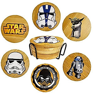 Star war Coasters for Drinks, 6 PCS Funny Coasters Set with Coaster Holder, Bamboo Coasters, Wood Coasters for Coffee Table, Cute Coasters for Home Decor, Star war Merchandise, Star war Gifts (Type A)