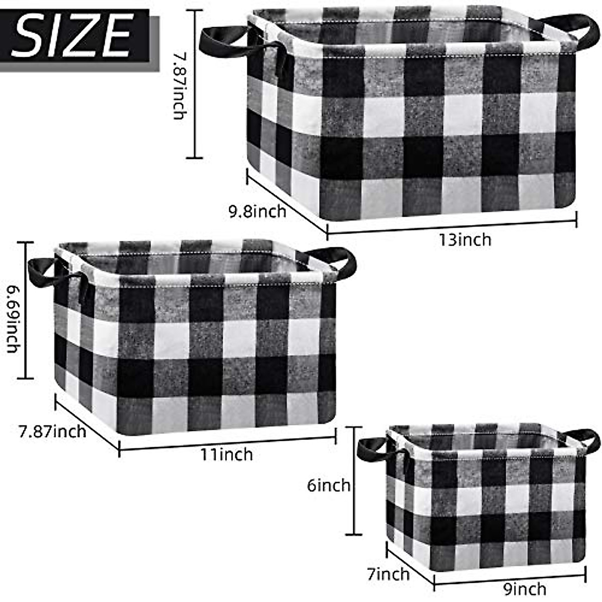 Boao 6 Pcs Buffalo Plaid Basket Square Storage Basket Buffalo Check Basket Bin Solid Storage Organizer with Handles Collapsible Square Organizer for Home Office (Black, White, Plaid Style)