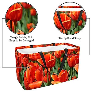 KQNZT Reusable Grocery Bags, Large Foldable Reusable Shopping Tote Bags Bulk for Groceries, Waterproof Kitchen Cloth Produce Bags with Long Handles, Red Tulip Spring