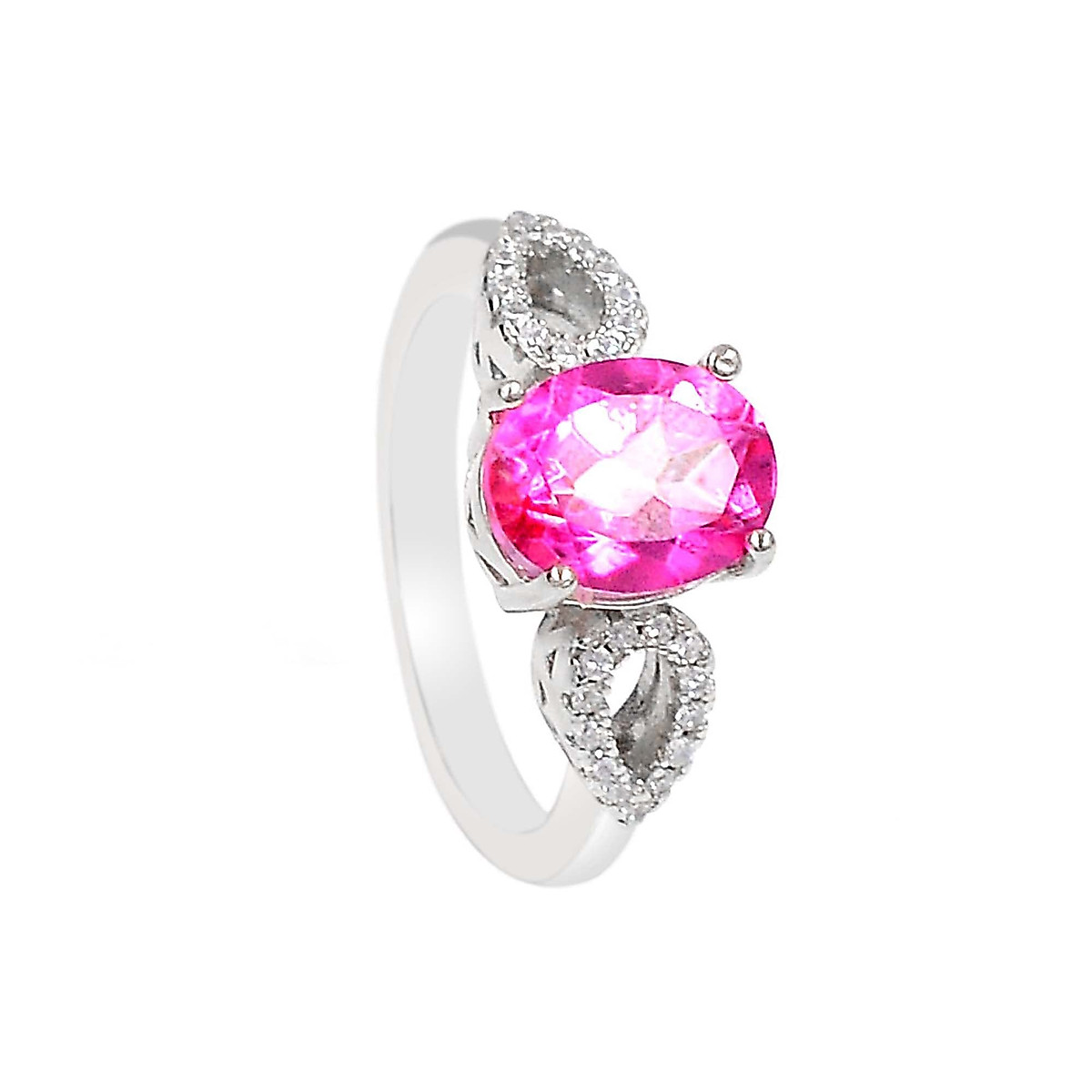 Natural 9X7 MM Oval Cut Pink Topaz Gemstone 925 Sterling Silver Wedding Jewelry Solitaire Unisex Proposal Engagement Ring Bridal Ring Gift For Her (Rhodium Plated Silver, 10)