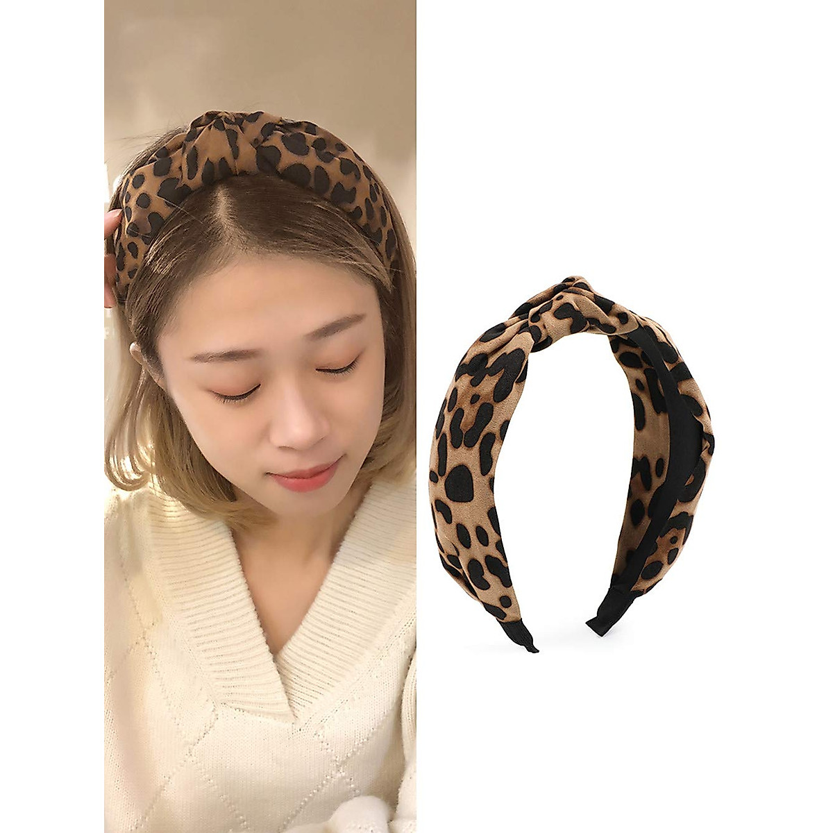 Leopard Print Headband for Women Girls, Wide Knotted Bow Headbands Leopard Print Headband Cheetah Hairband Hair Accessories Head Band Wrap