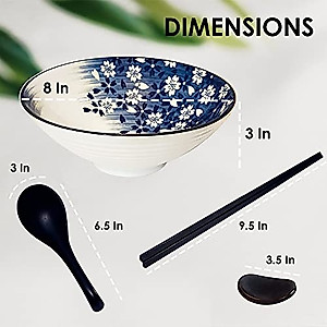 Ceramic Ramen Bowl Set - 8 Piece- Large White 40 oz Japanese Ramen Bowls, Spoons, Chopsticks and Chopstick Stands For Udon Noodles, Miso Soup, Cereal, Pasta, Pho and Salad Serving Set of 2 Blue