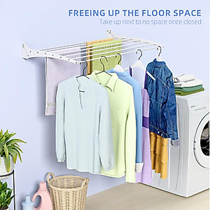 ZMBESUP Wall Mounted Clothes Drying Rack, 40" Wide with 7 Stainless Steel Rods Drying Rack for Hanging Clothes Space Saving Design, 60 lb Capacity Foldable Laundry Clothes Drying Rack White