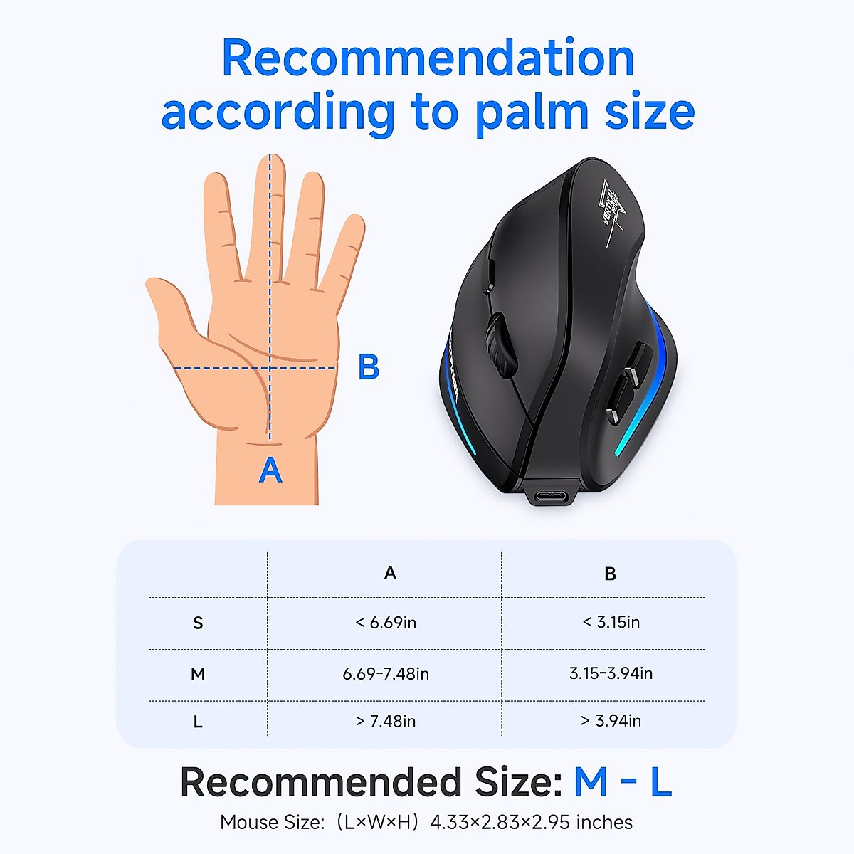 ECHTPower Wireless Bluetooth Mouse, Ergonomic Mouse with LED Light, Tri-Mode BT5.0+BT5.0+2.4GHz, Vertical Mouse Adjustable DPI 2400/1600/1000, Rechargeable Mice for PC, Laptop, Mac, Windows