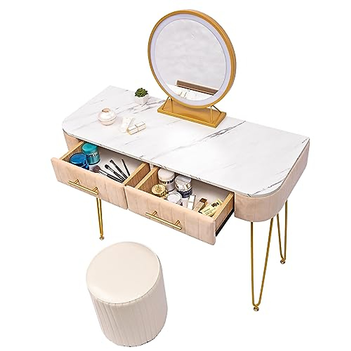 VKKILPEE 39.4" Length Flannel Soft Roll Makeup Vanity Set, Fashionable Soft Roll Makeup Table, 15.8" Touch Control 3 Brightness Options LED Mirror, Large Capacity Storage, Fashionable Soft Roll Stool