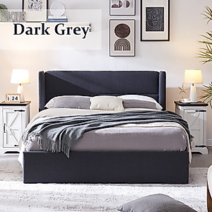 Zanmintaobo Queen Bed Frame with Storage, Upholstered Platform Bed with Lift up Hydraulic System, Linen Fabric Wingback Headboard, Wood Slats Support, Easy Assembly, No Box Spring Needed, Dark Grey