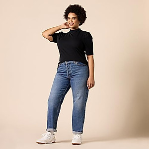 Amazon Essentials Women's Cotton Modal Draped Puff Sleeve Turtleneck, Black, Large