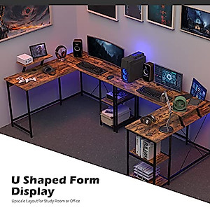 OUTFINE L Shaped Desk Corner Desk Double Computer Desk Home Office Gaming Workstation with Storage Shelves and Monitor Stand