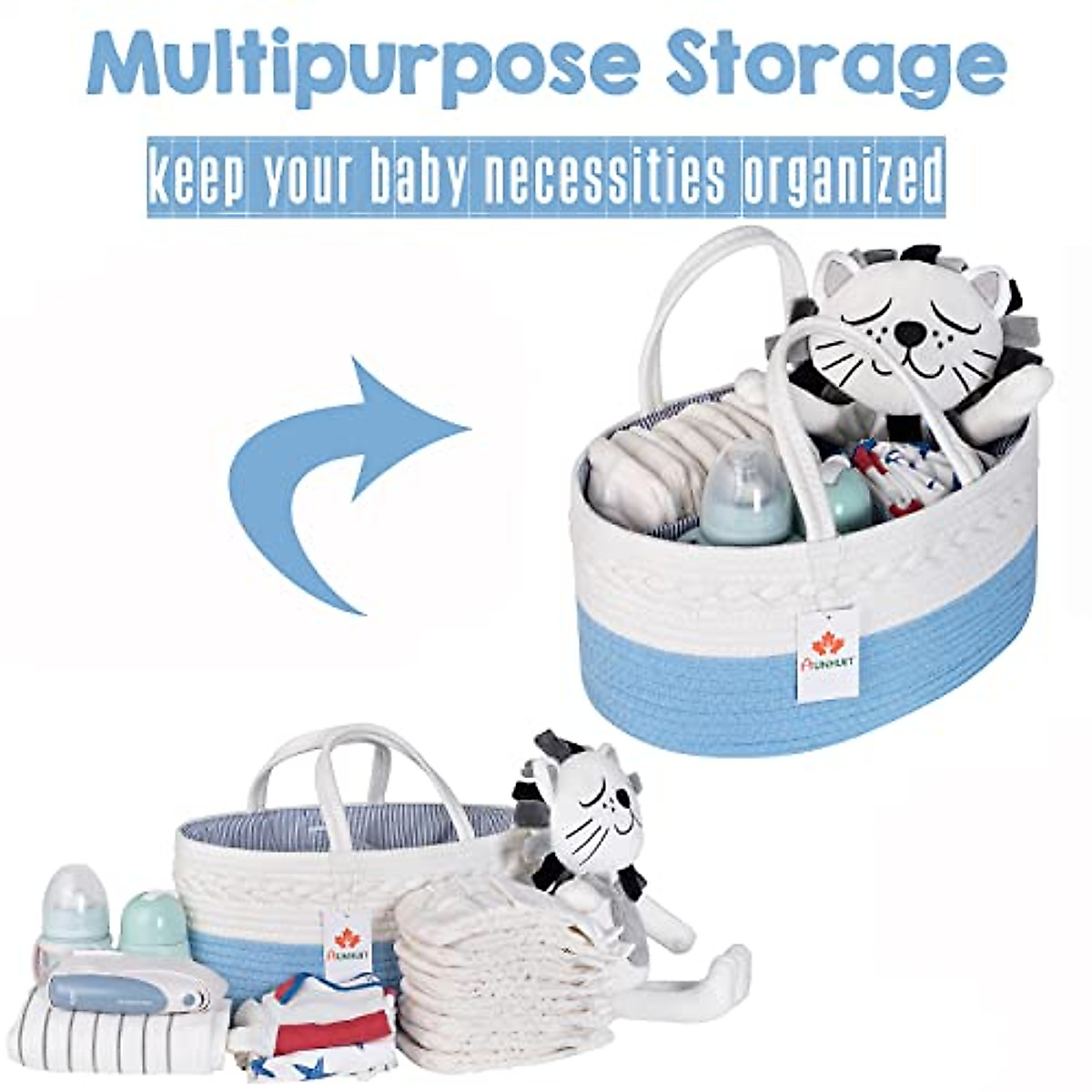 Large Baby Diaper Caddy Organizer Blue 100% Cotton Rope Basket Nursery Storage Bin Portable for Changing Table/Car Hanging Travel Bag Tote Newborn Registry Must Have Baby Boy Shower Gift Basket