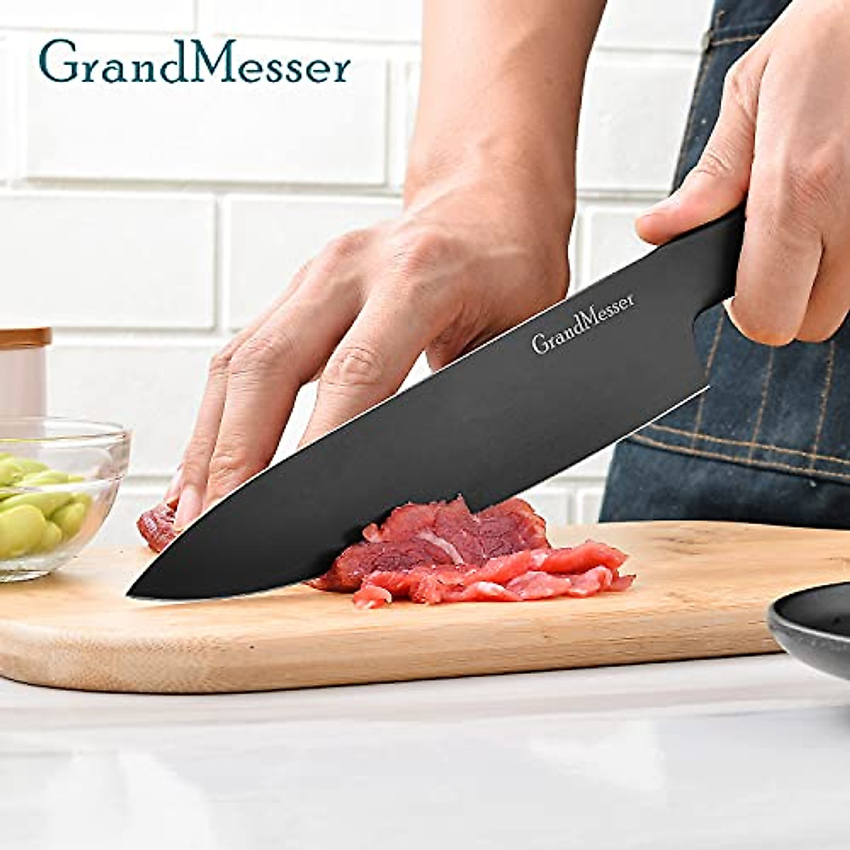 GrandMesser Cooking Chef Knife, 8 Inches Carbon Stainless Steel Kitchen Knife with Sharpener and Ergonomic Handle, Chopping Knife for Professional Use (Titanium Black)