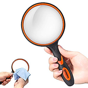 Dicfeos Magnifying Glass 10X Handheld Reading Magnifier with Cleaning Cloth-100MM Large Magnifying Lens with Non-Slip Soft Handle for Seniors Book Newspaper Reading and Kids Nature Hobby Exploration