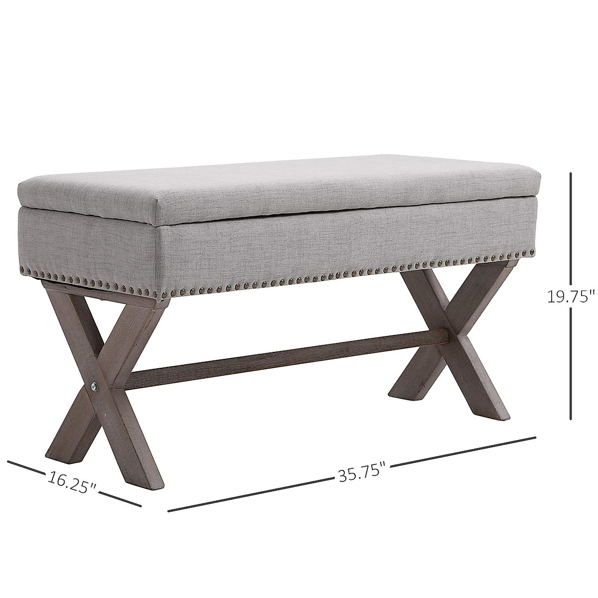 HOMCOM 35.75" Storage Ottoman, Upholstered Storage Bench with Hidden Space, Nailhead Trim and X-Shaped Wood Legs, for Living Room, Entryway, Bedroom, Grey