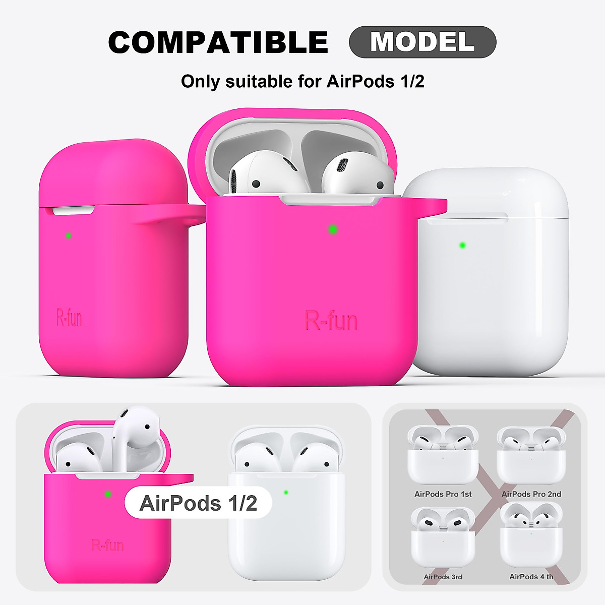 R-fun Compatible with AirPods Case Cover, Soft Silicone Protective Cover with Keychain for Women Men Compatible with Apple AirPods 2nd 1st Generation Charging Case, Front LED Visible,Rose Pink