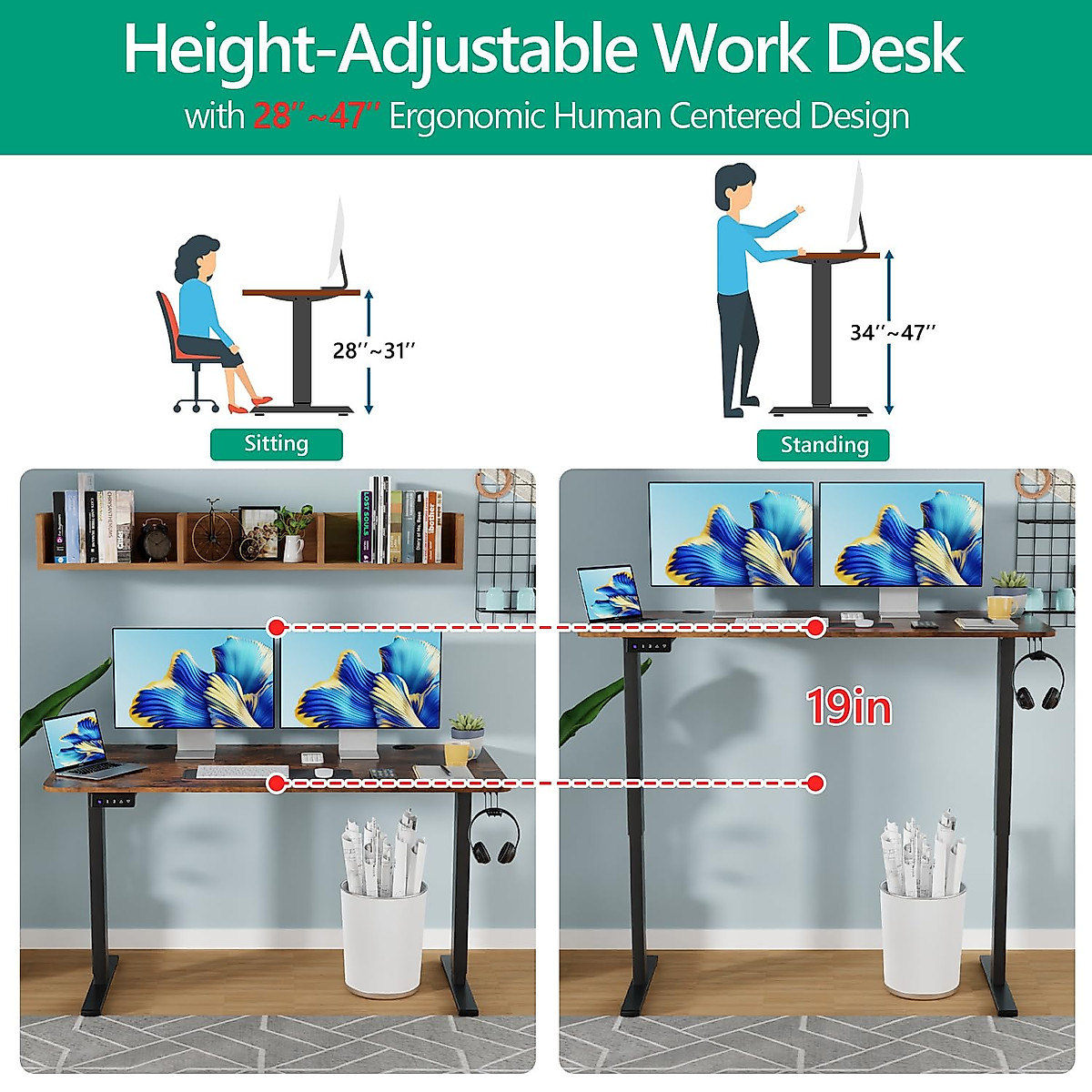 PayLessHere 48 Adjustable Height Standing Desk Computer Desk with Large Space and Headphone Holder Office Desk with Electric Lifting and 2 Memory Function for Office Meeting Room,Brown