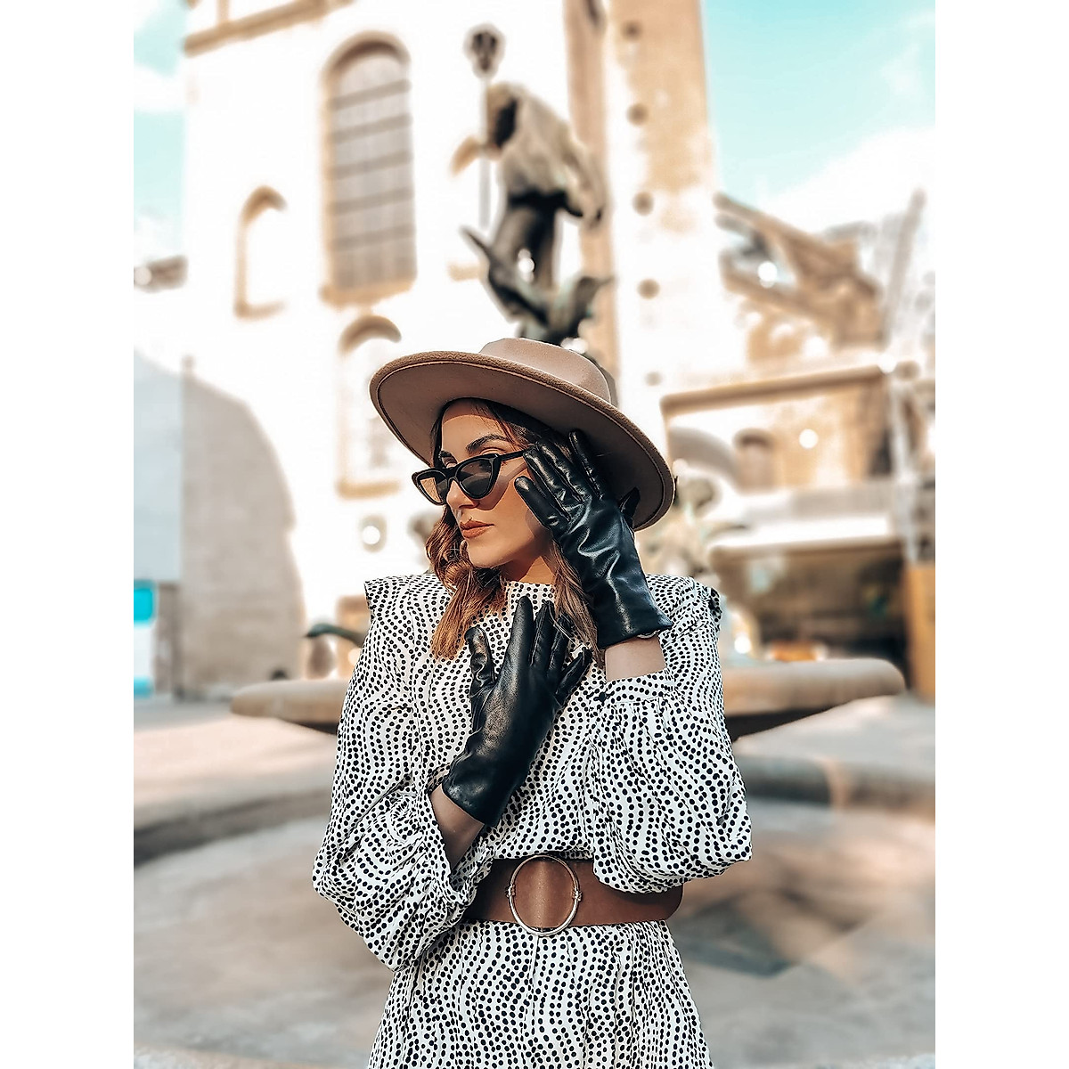 Harssidanzar Genuine Lambskin Leather Gloves For Women, Ladies Winter Warm Driving Leather Cashmere Lined gloves GL006,Black, M