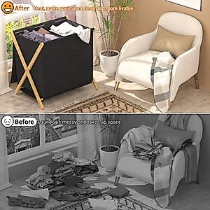 2-Section Extra Large Laundry Hamper with Lid, 125L (33 Gal) Divided Dirty Clothes Laundry Basket with Bamboo Frame, Double Hampers Organizer for Laundry Room, Bathroom, Bedroom, Black