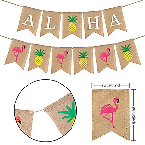 Whaline Hawaiian Aloha Burlap Banner Pineapple Flamingo Pattern Summer Garland Flag Pre-Assembled Tropical Theme Banner for Summer Beach Pool Barbecue Party Decoration Supplies, 2Pcs