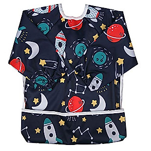 Sigzagor Baby Bib Sleeved Shirt with Pocket 1-3 Years Old Toddler Painting Drawing (Rocket)