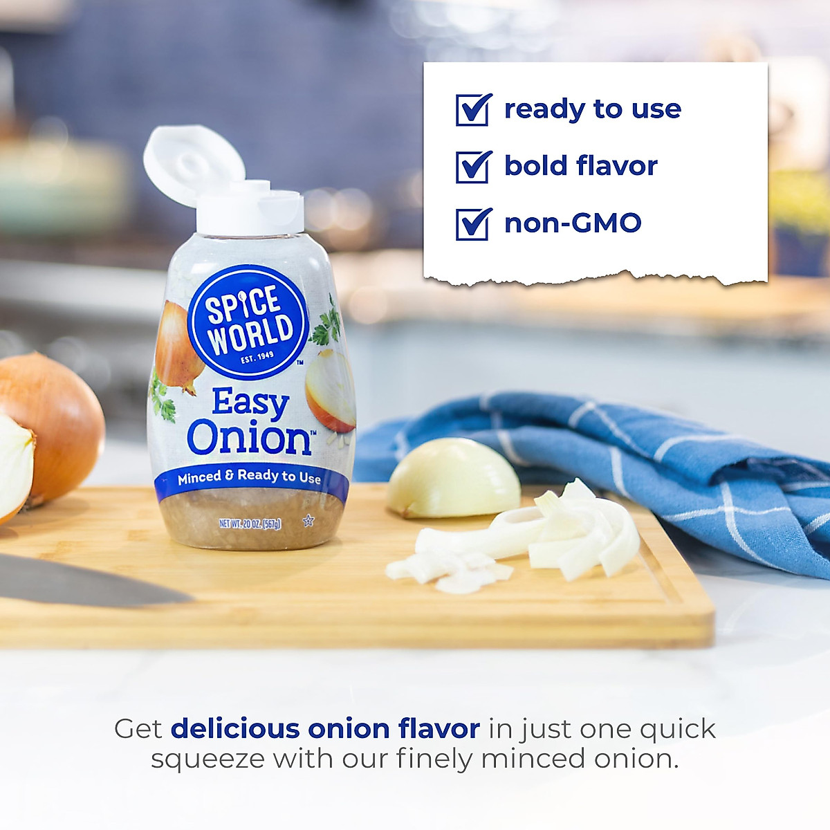 Spice World Squeezable Easy Onion – 20oz Ready-to-Use Minced Onion – Perfect for Hot Dogs, Stir Fry, Marinades, & More – Simply Squeeze the Onion Seasonings for Cooking to Add Flavor Without Tears